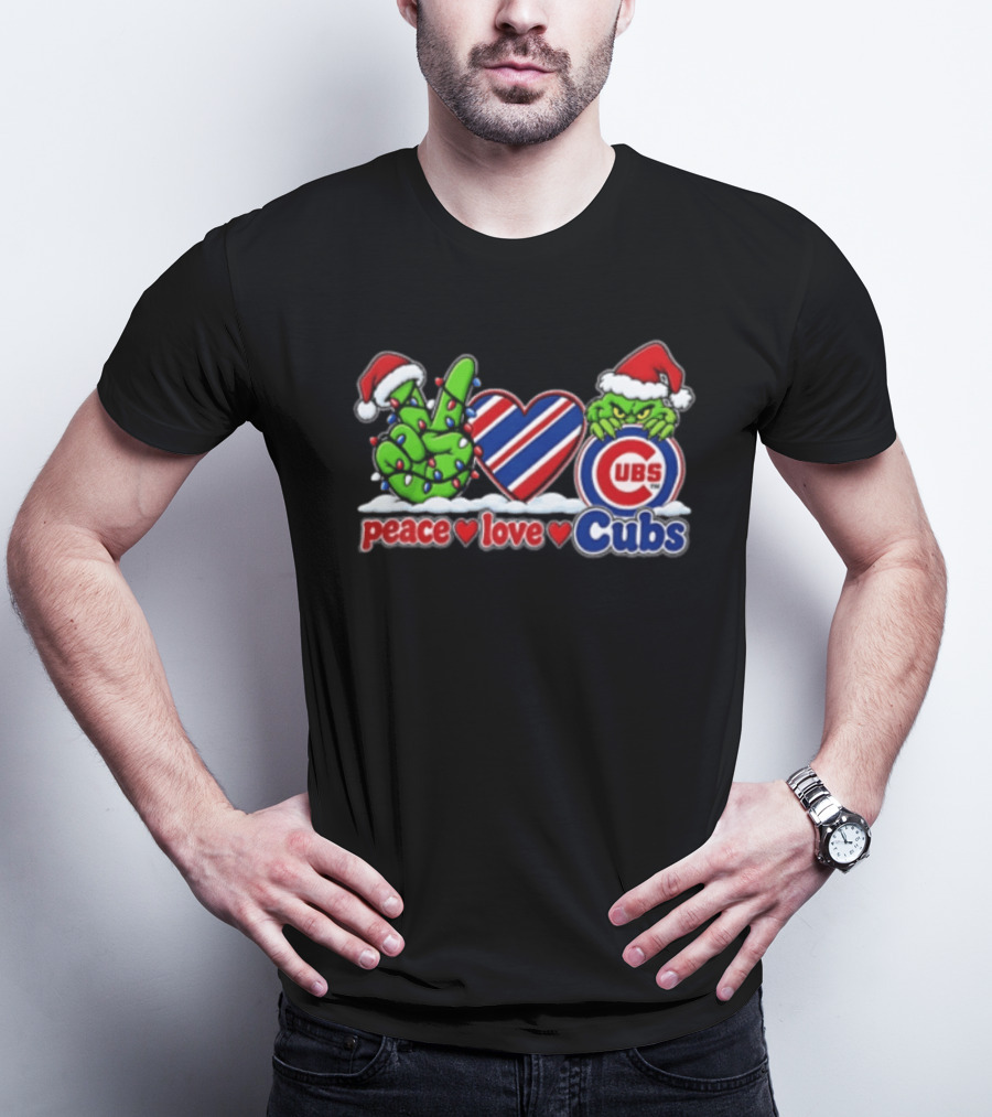 Peace Love Cubs Grinch Christmas Santa Hat Holiday T-Shirt