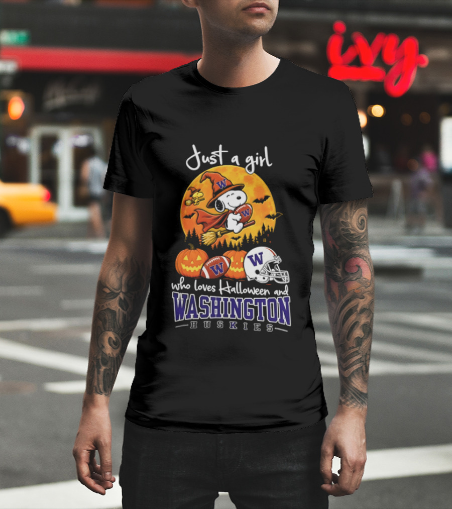 Just A Girl Who Loves Halloween And Washington Huskies Snoopy Woodstock 2026 T-Shirt