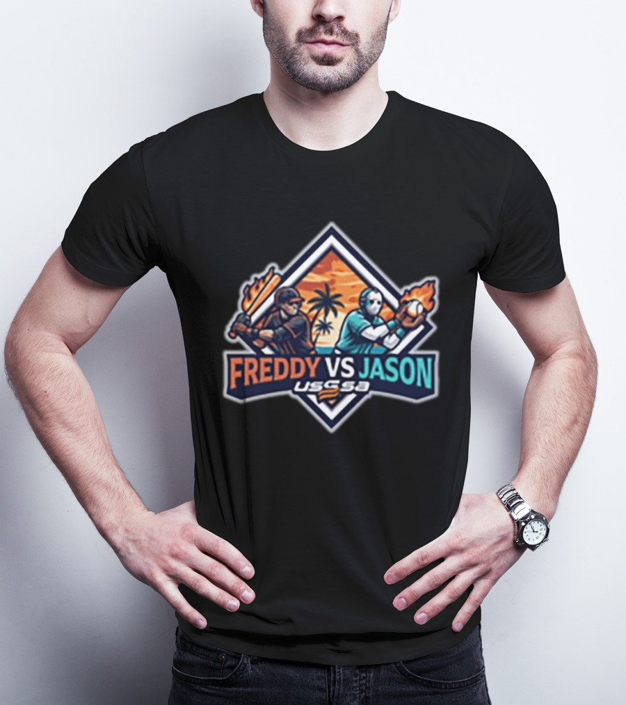 USSSA Freddy Vs Jason Baseball Tournament Palm Tree Flames Bat Catcher T-Shirt
