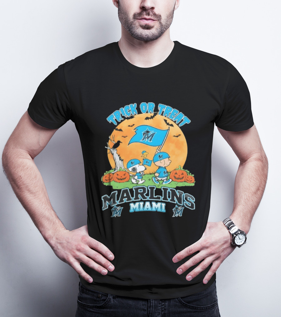Miami Marlins Peanuts Trick Or Treat Halloween With Snoopy And Charlie Brown T-Shirt