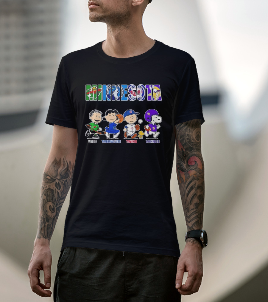 Peanuts Characters Minnesota Wild Timberwolves Twins Vikings Logos T-Shirt