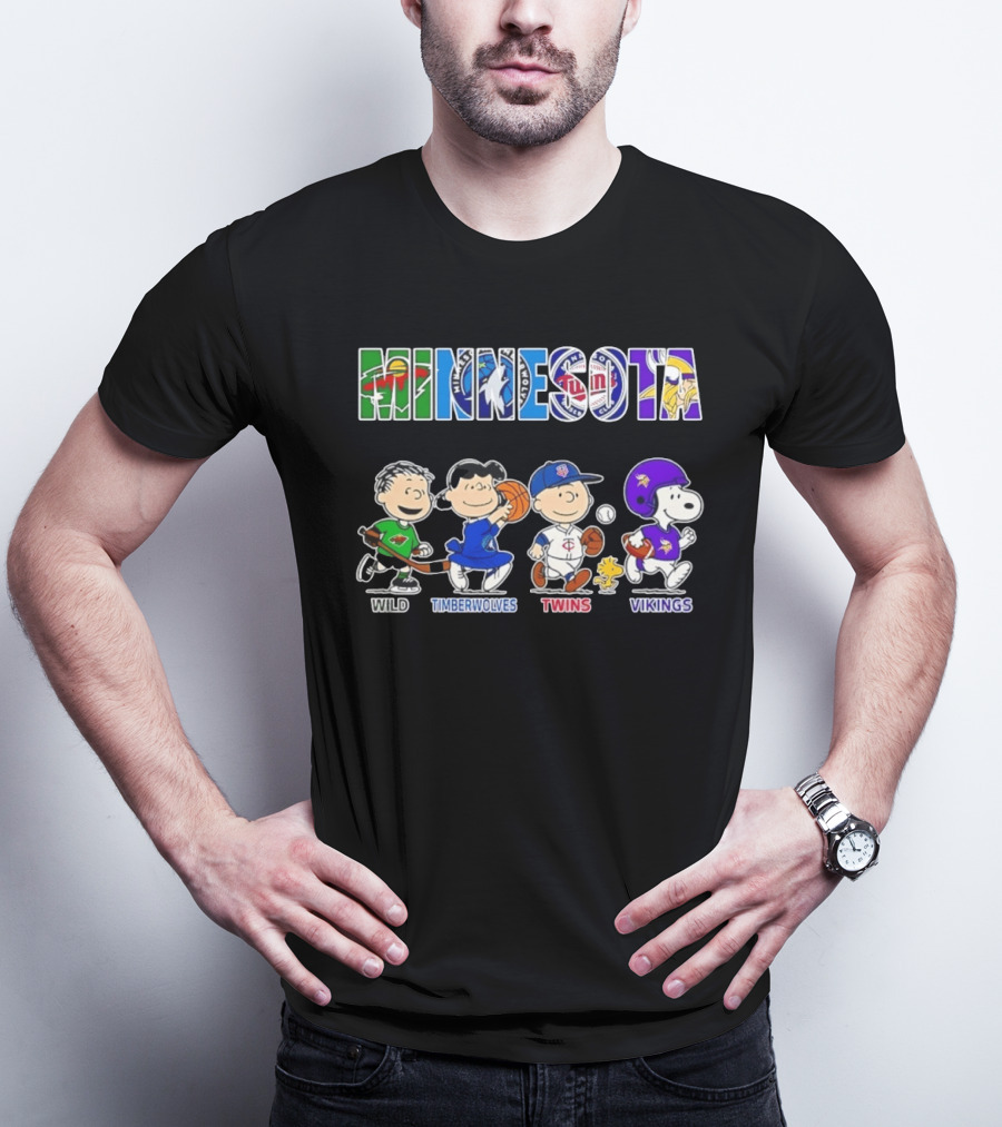 Peanuts Characters Minnesota Wild Timberwolves Twins Vikings Logos T-Shirt