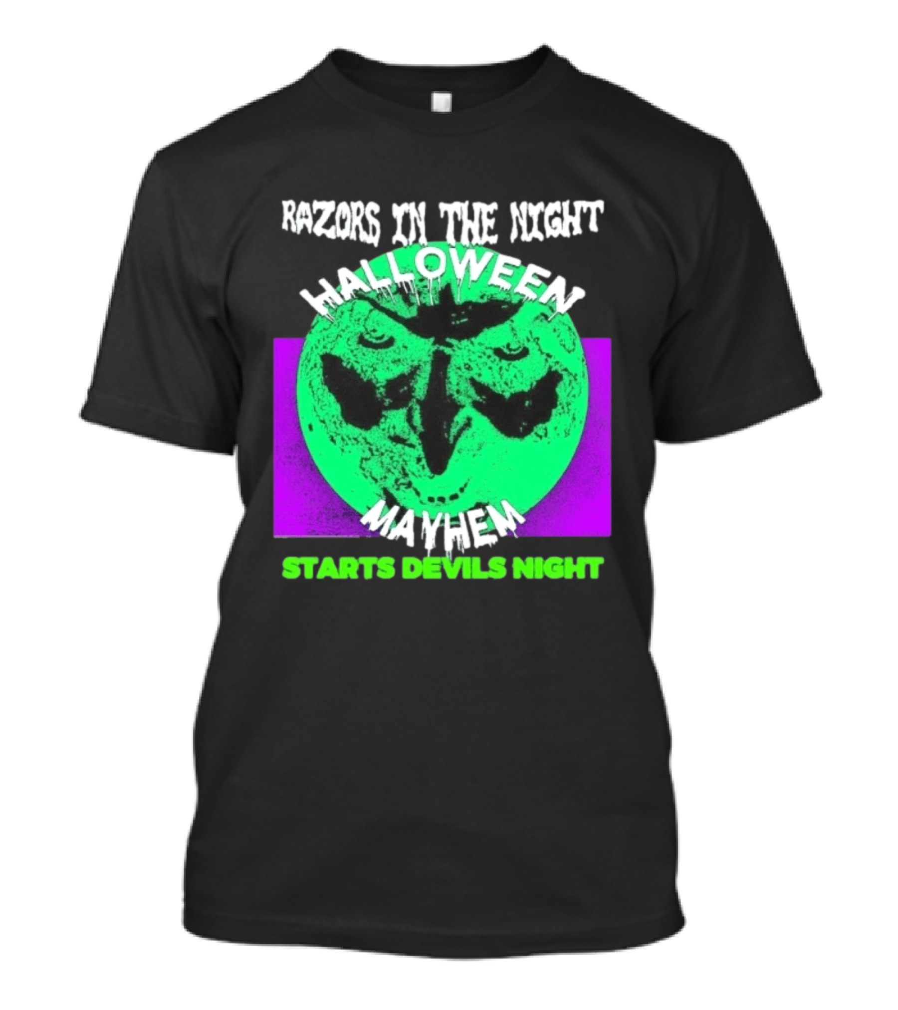 Razors In The Night Halloween Mayhem Starts Devils Night Green Skull T-Shirt