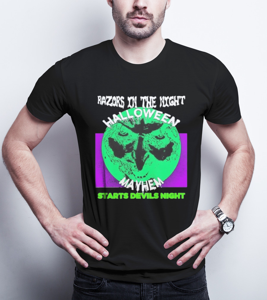 Razors In The Night Halloween Mayhem Starts Devils Night Green Skull T-Shirt