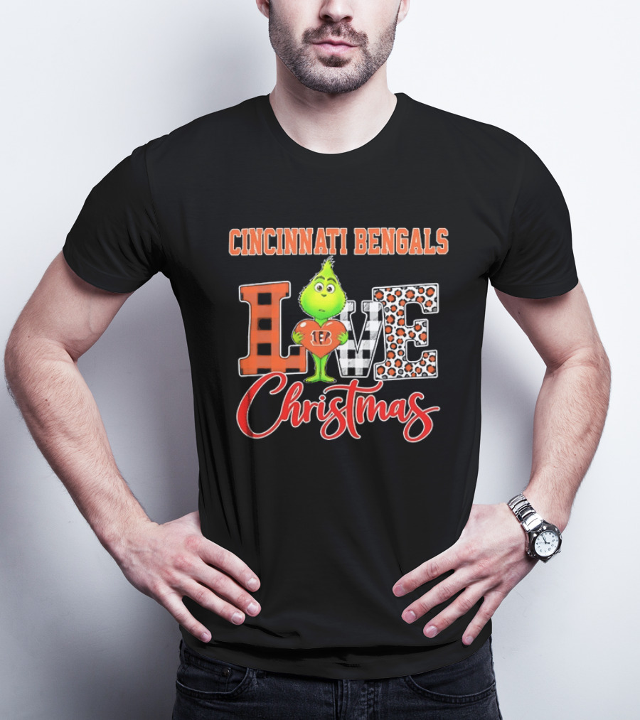 Cincinnati Bengals Love Christmas Grinch Heart Checkered Leopard T-Shirt