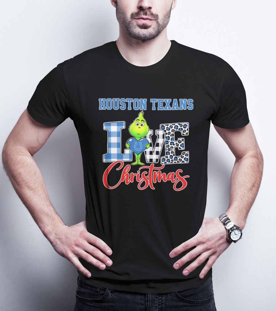 Houston Texans Grinch Holding Colts Heart Love Christmas Checkered Leopard T-Shirt
