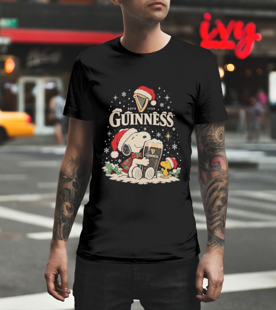 Snoopy Woodstock Guinness Christmas Snoopy Santa Hat Guinness Beer T-Shirt