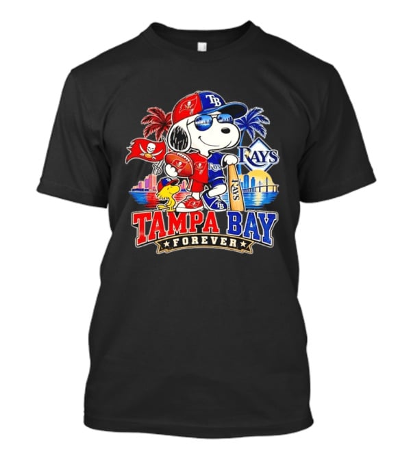 Snoopy Tampa Bay Buccaneers And Rays Forever Vibrant Skyline And Palm Trees T-Shirt