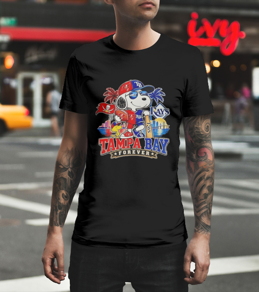Snoopy Tampa Bay Buccaneers And Rays Forever Vibrant Skyline And Palm Trees T-Shirt