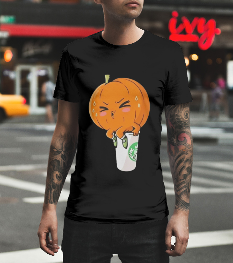 Sweating Pumpkin Sitting On A Starbucks Coffee Cup T-Shirt