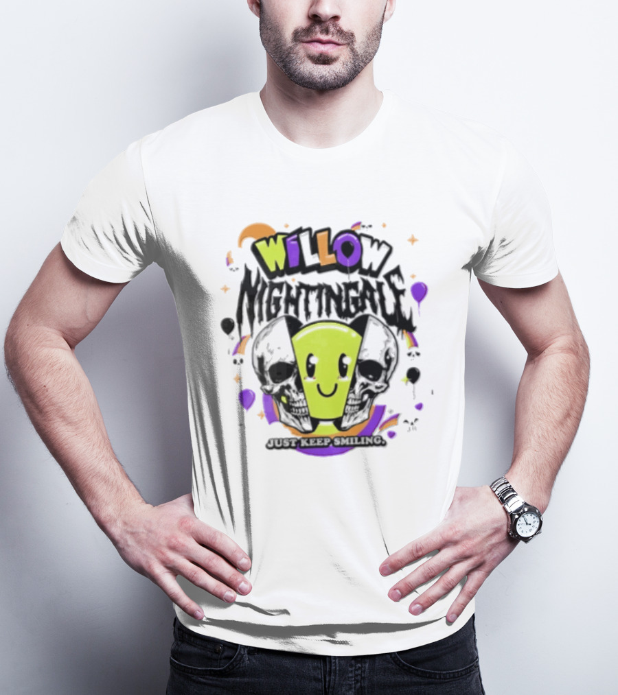 AEW Willow Nightingale Just Keep Smiling Skull Smiley Face T-Shirt