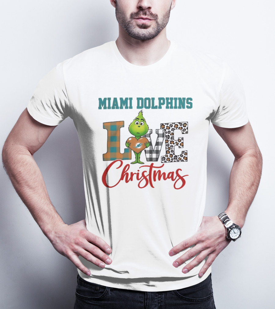 Miami Dolphins Grinch Holding Heart Love Christmas Checkered Leopard T-Shirt