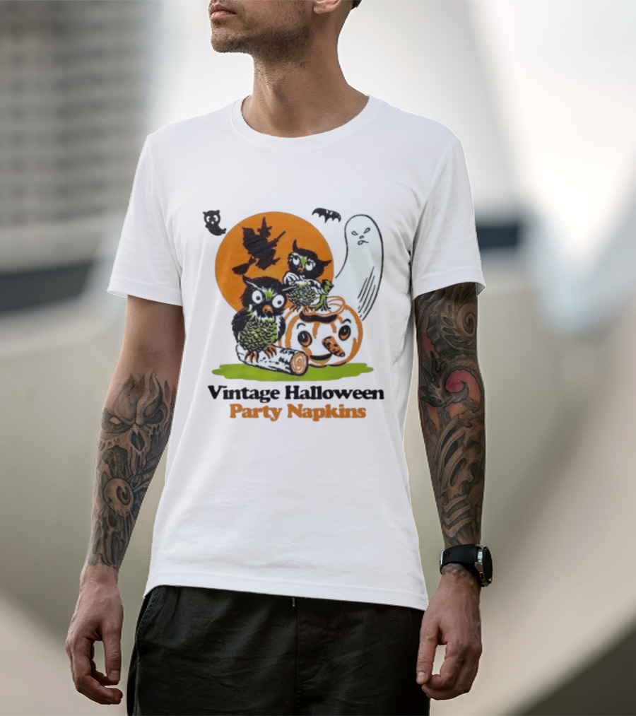 Vintage Halloween Party Napkins Owls Pumpkin Ghost Witch Bats T-Shirt