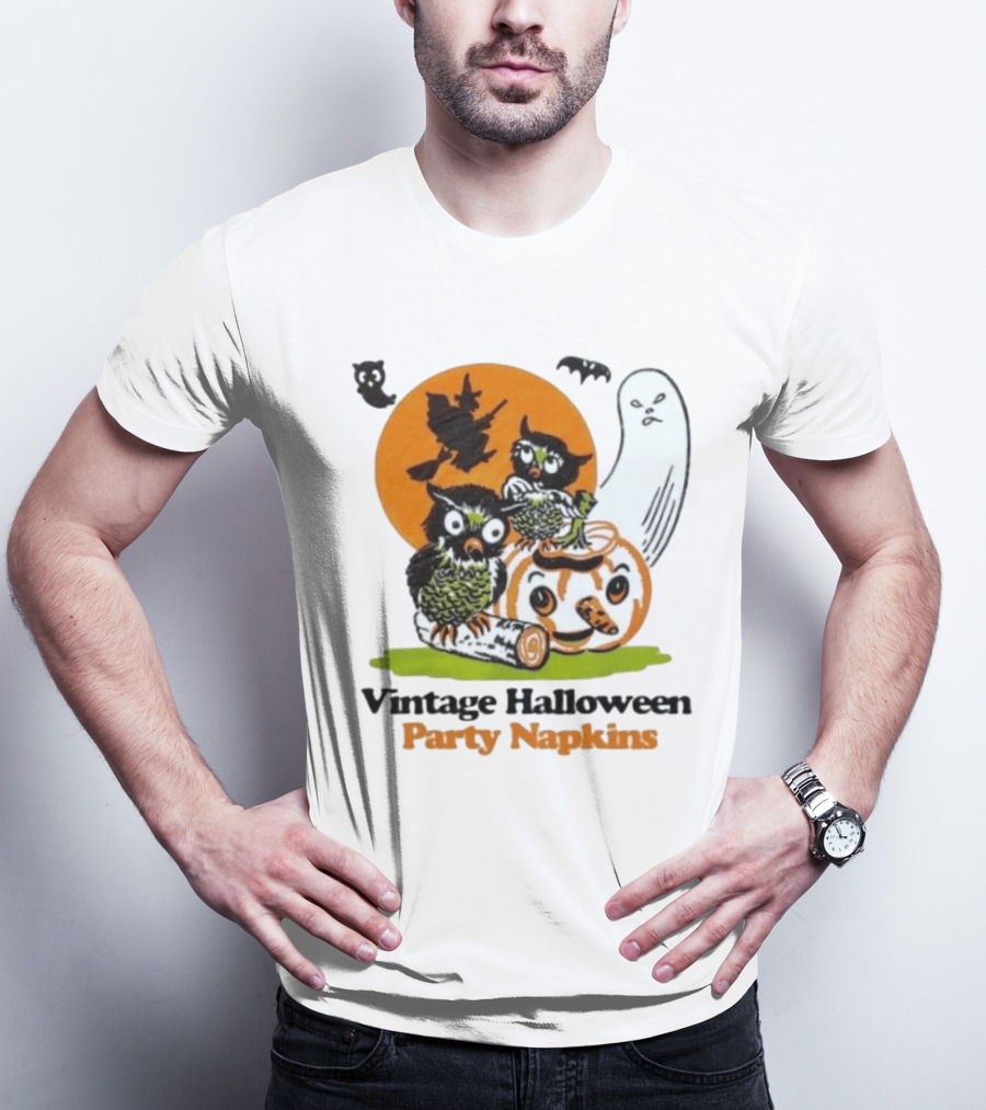 Vintage Halloween Party Napkins Owls Pumpkin Ghost Witch Bats T-Shirt