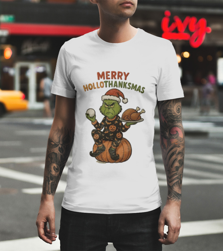 Merry Hollothanksmas The Grinch In Pumpkin Outfit With Santa Hat And Thanksgiving Turkey Plate T-Shirt