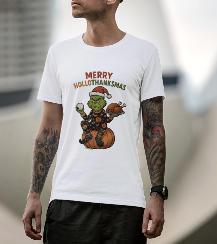Merry Hollothanksmas The Grinch In Pumpkin Outfit With Santa Hat And Thanksgiving Turkey Plate T-Shirt