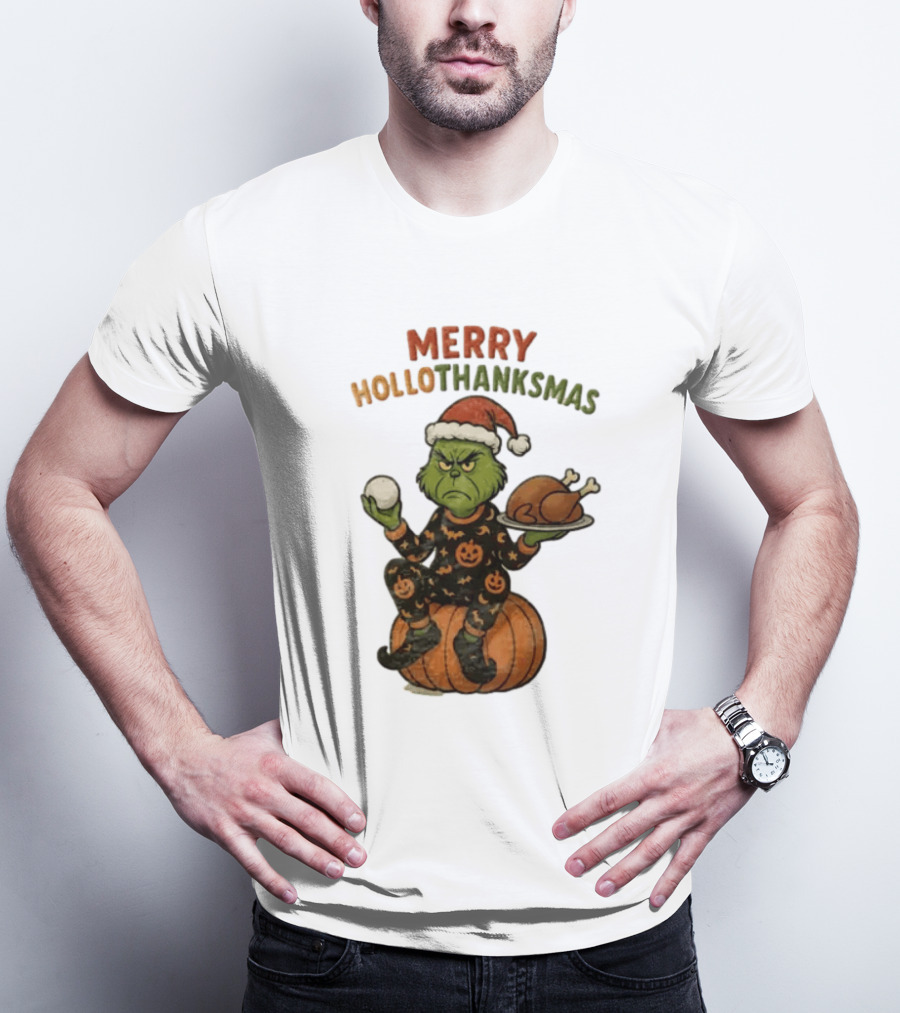 Merry Hollothanksmas The Grinch In Pumpkin Outfit With Santa Hat And Thanksgiving Turkey Plate T-Shirt