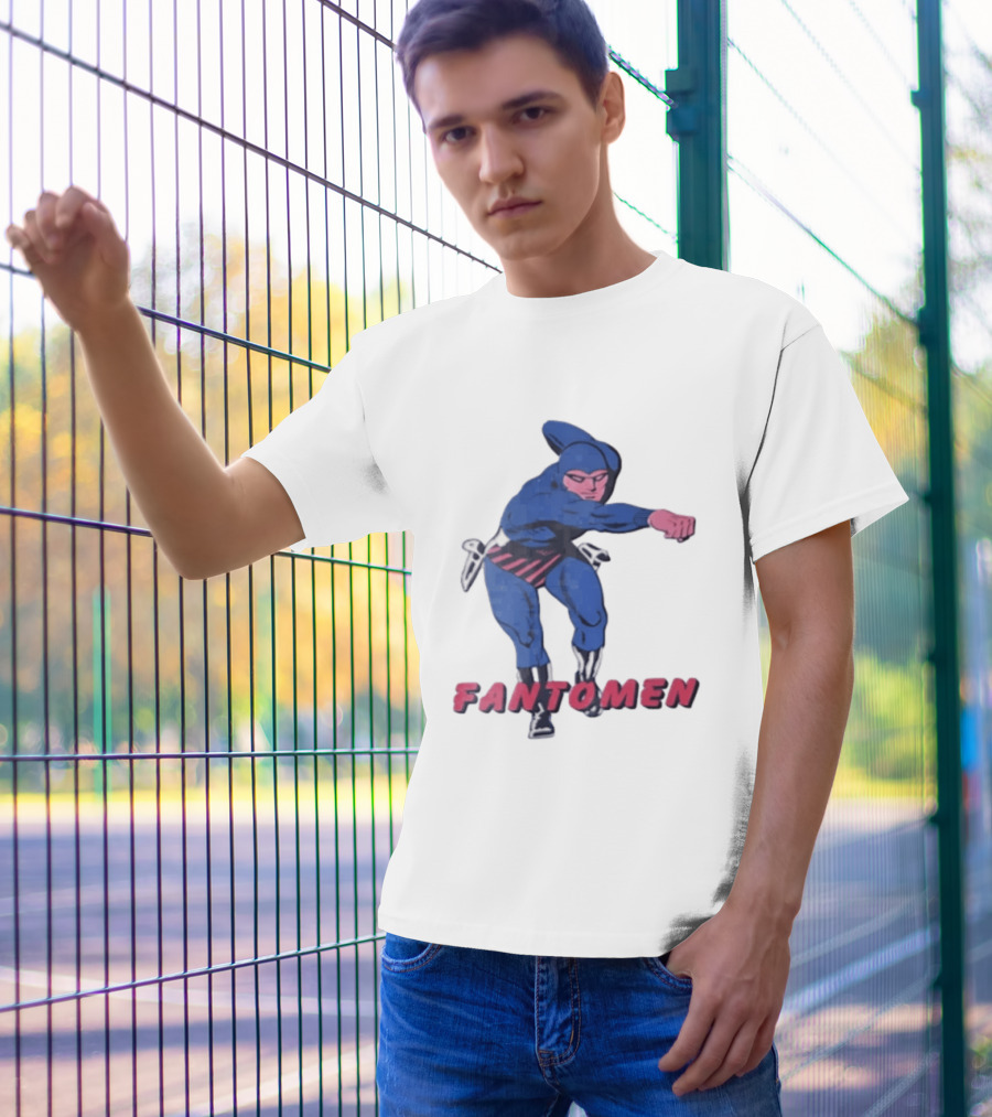 FANTOMEN Blue Superhero Punching Action Comic T-Shirt