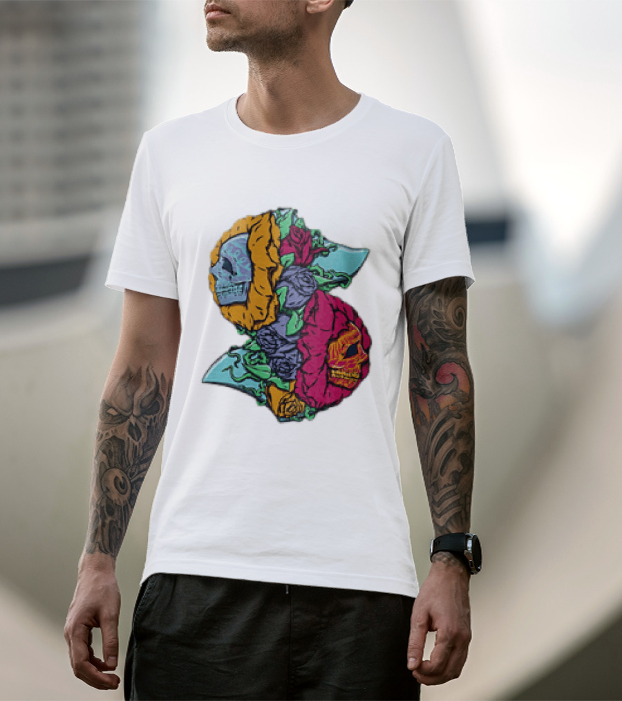 Two Skulls With Vibrant Roses And Sharp Blades T-Shirt
