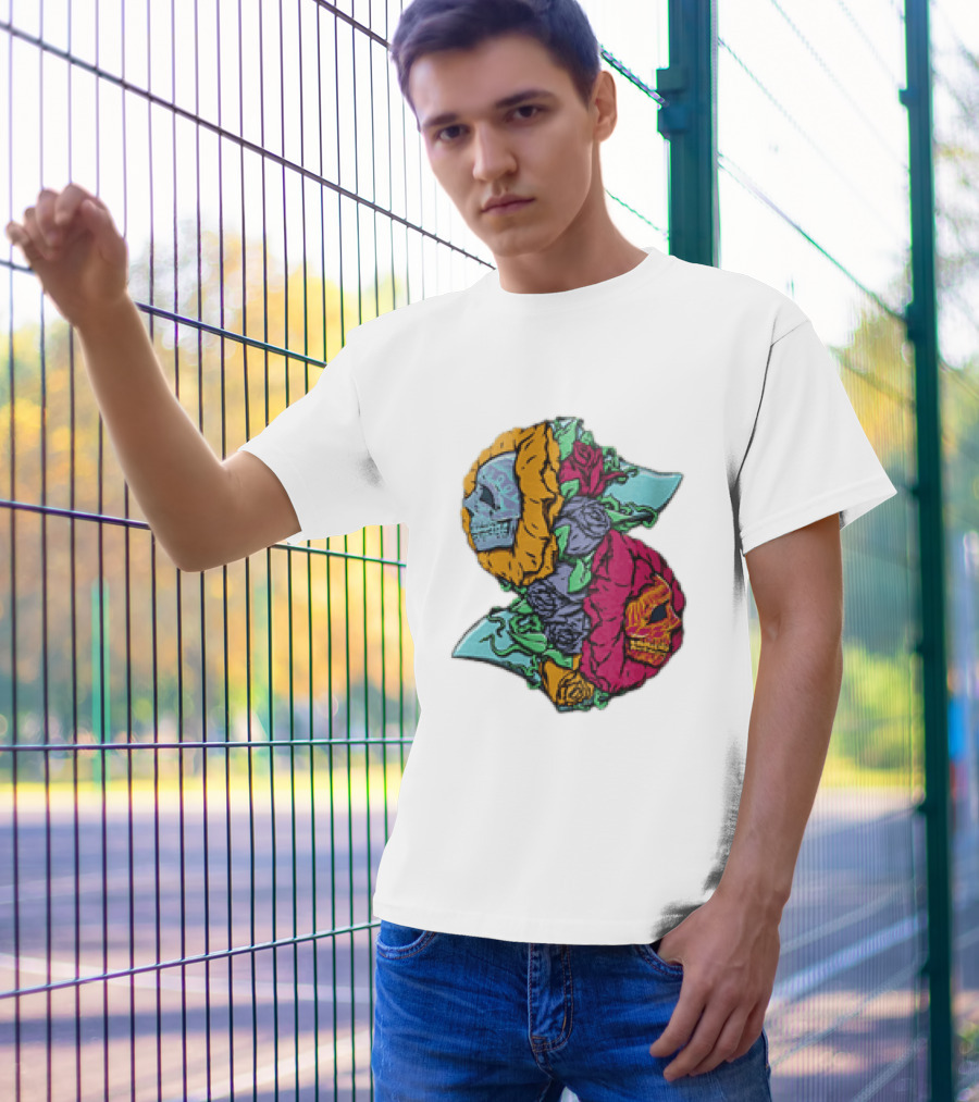 Two Skulls With Vibrant Roses And Sharp Blades T-Shirt
