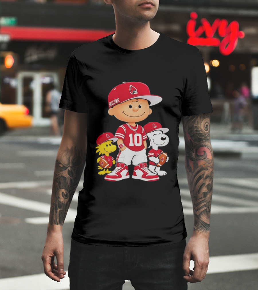 Ball State Cardinals Charlie Brown Woodstock Snoopy Number 10 Football Fans T-Shirt