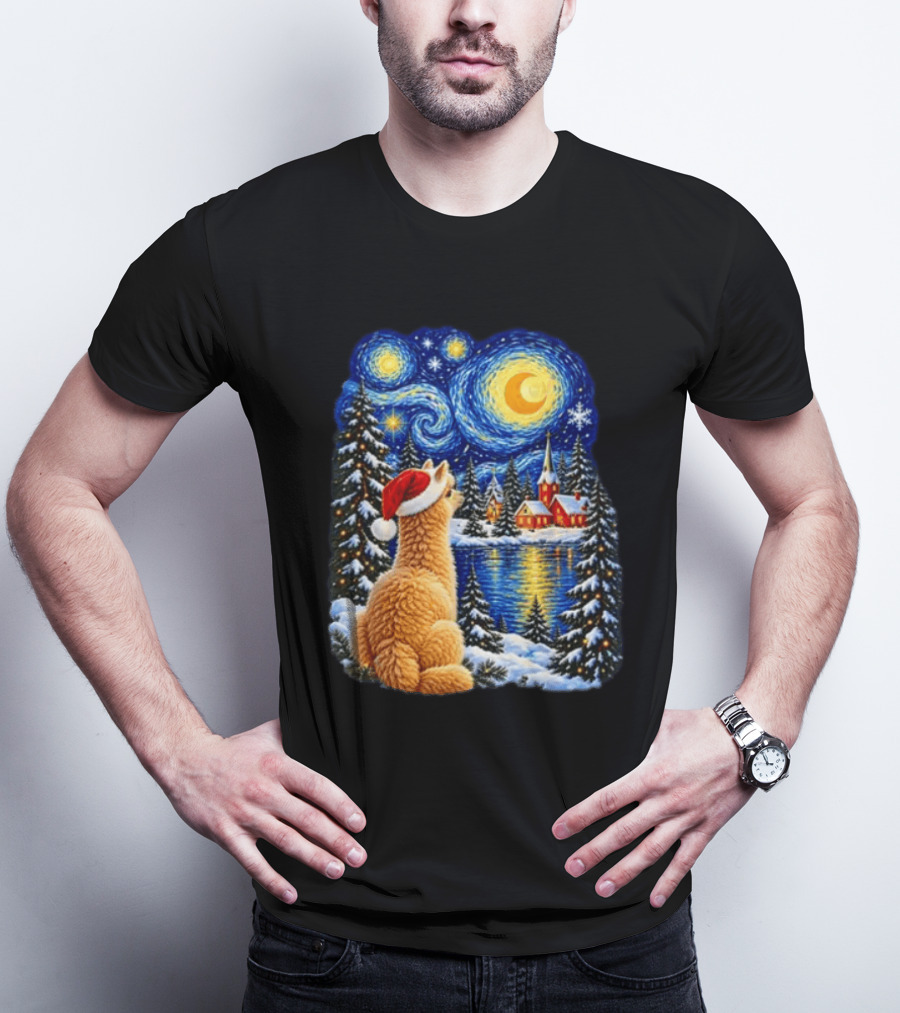 Llama Christmas Starry Night Holiday Van Gogh Style Winter Scene T-Shirt