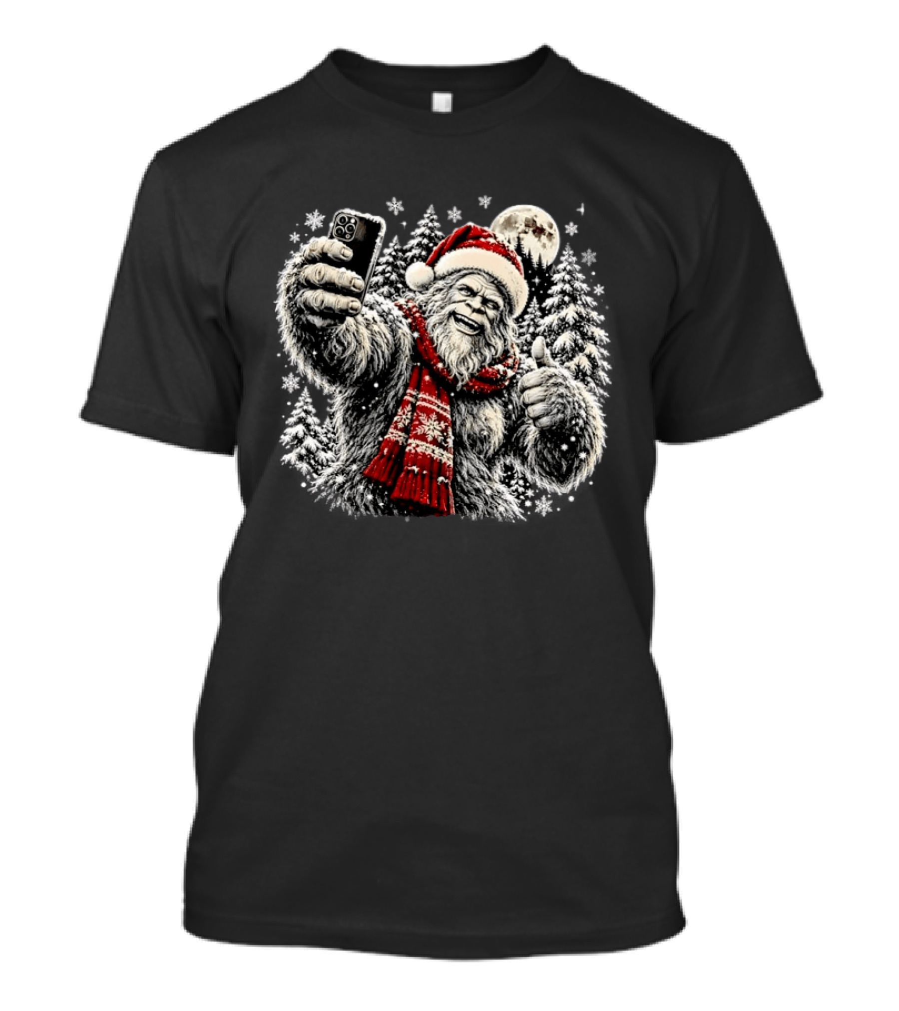 Bigfoot Santa Selfie Christmas Holiday Thumbs Up Snowy Forest T-Shirt
