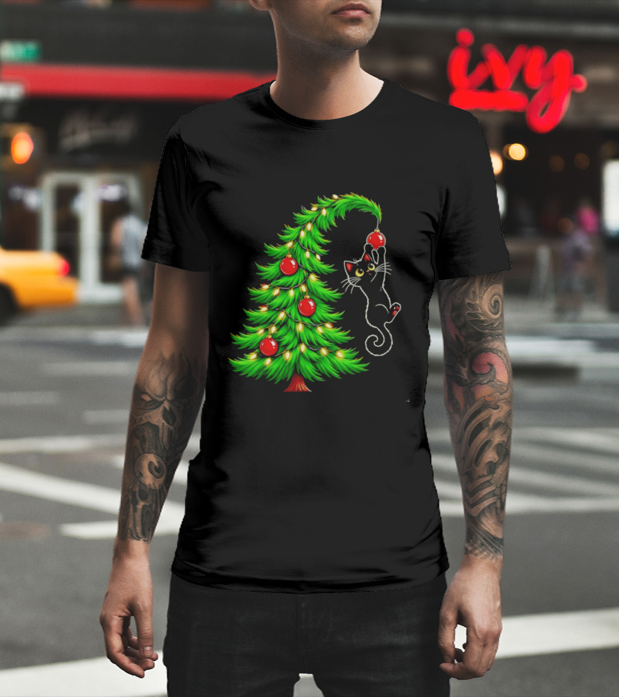 Black Cat Christmas Tree Ornament Holiday Festive Cats And Santa Hat T-Shirt