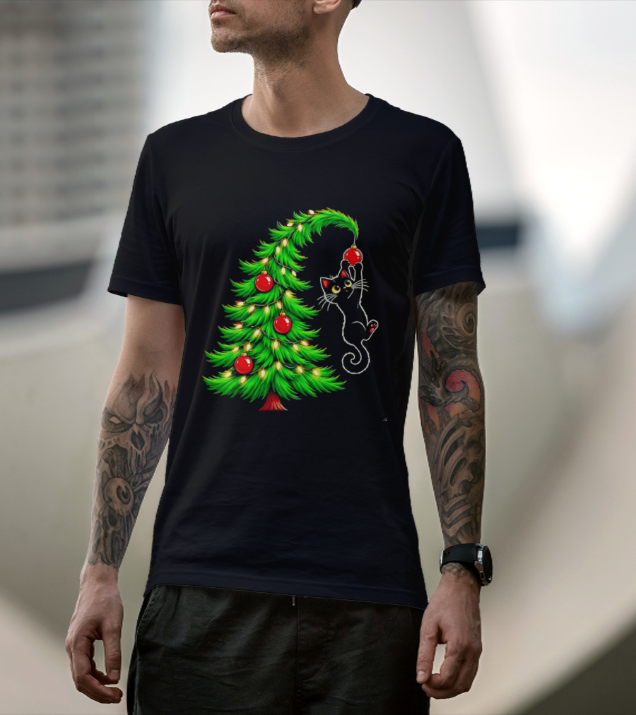 Black Cat Christmas Tree Ornament Holiday Festive Cats And Santa Hat T-Shirt