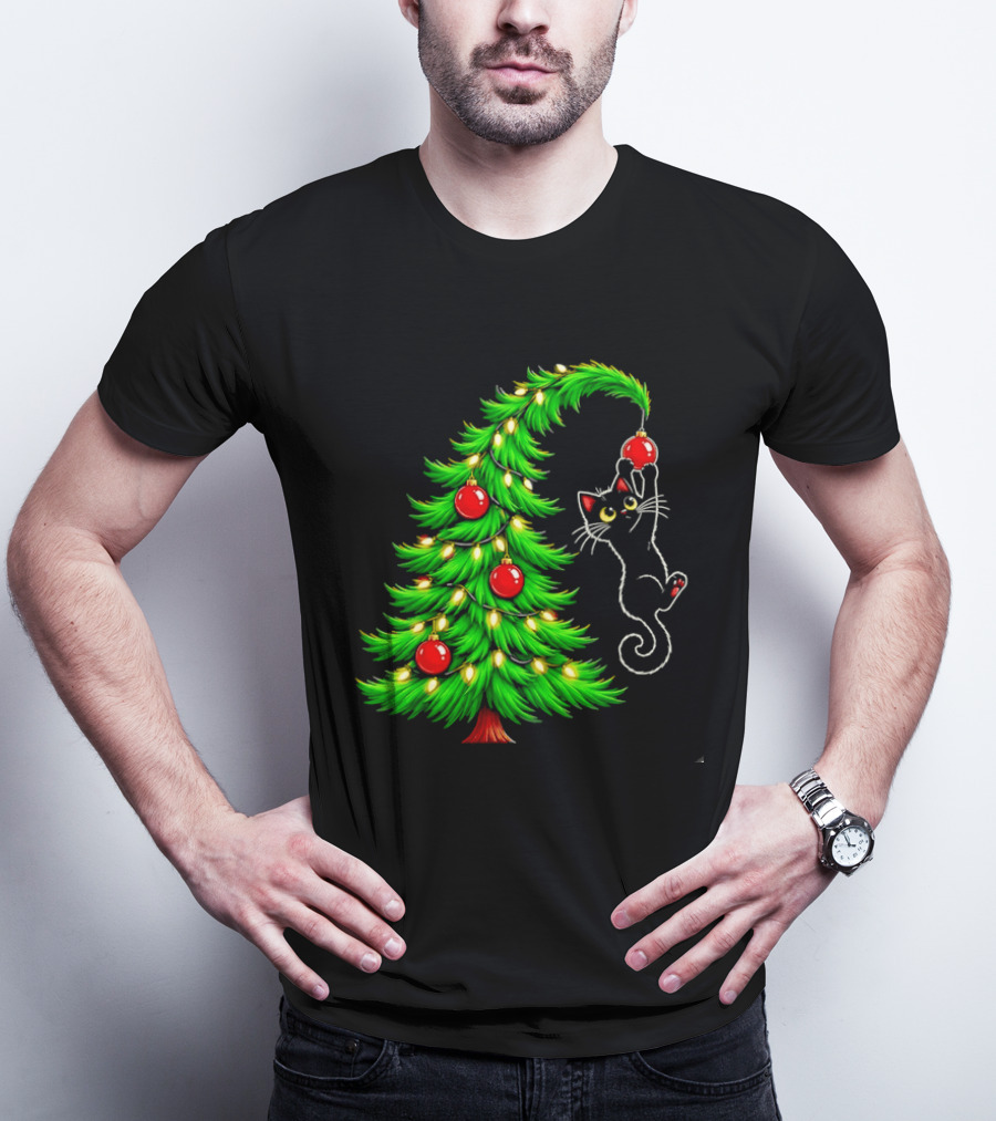 Black Cat Christmas Tree Ornament Holiday Festive Cats And Santa Hat T-Shirt