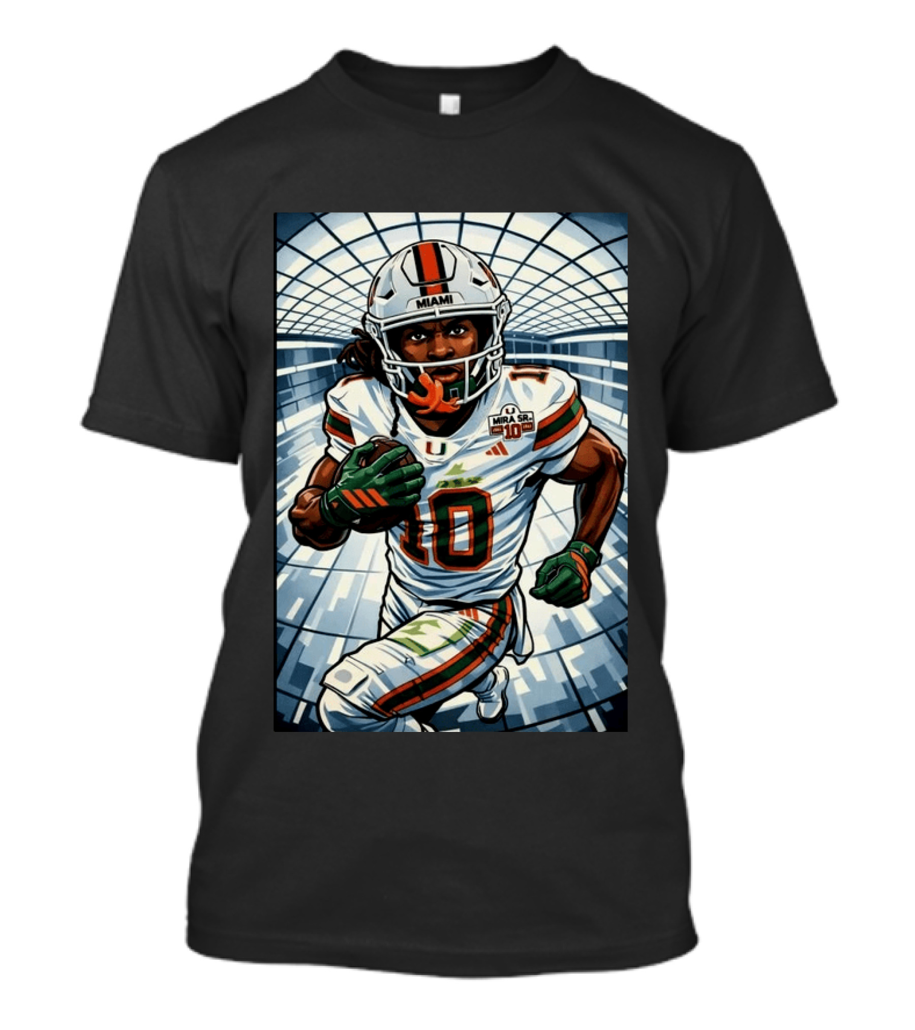 Miami Hurricanes Malachi Toney #10 Dynamic Football Player Illustrated T-Shirt