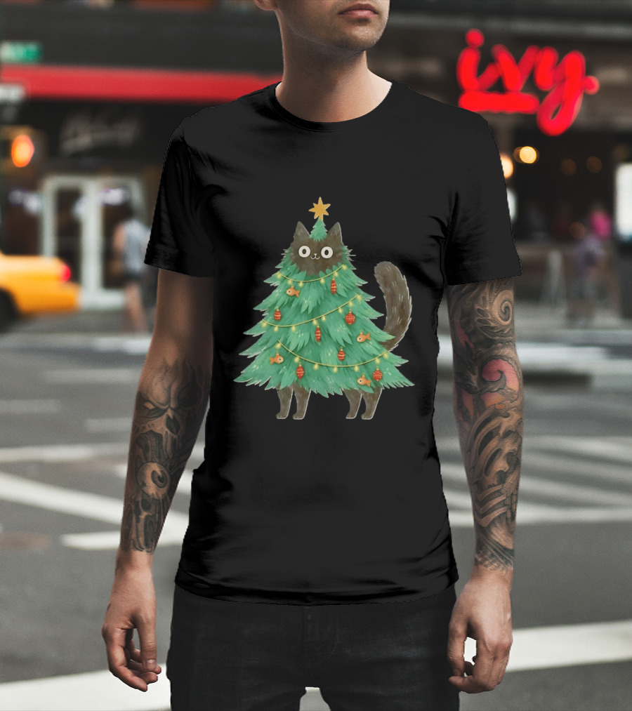Black Cat Christmas Tree Holiday With Fish And Ornaments T-Shirt