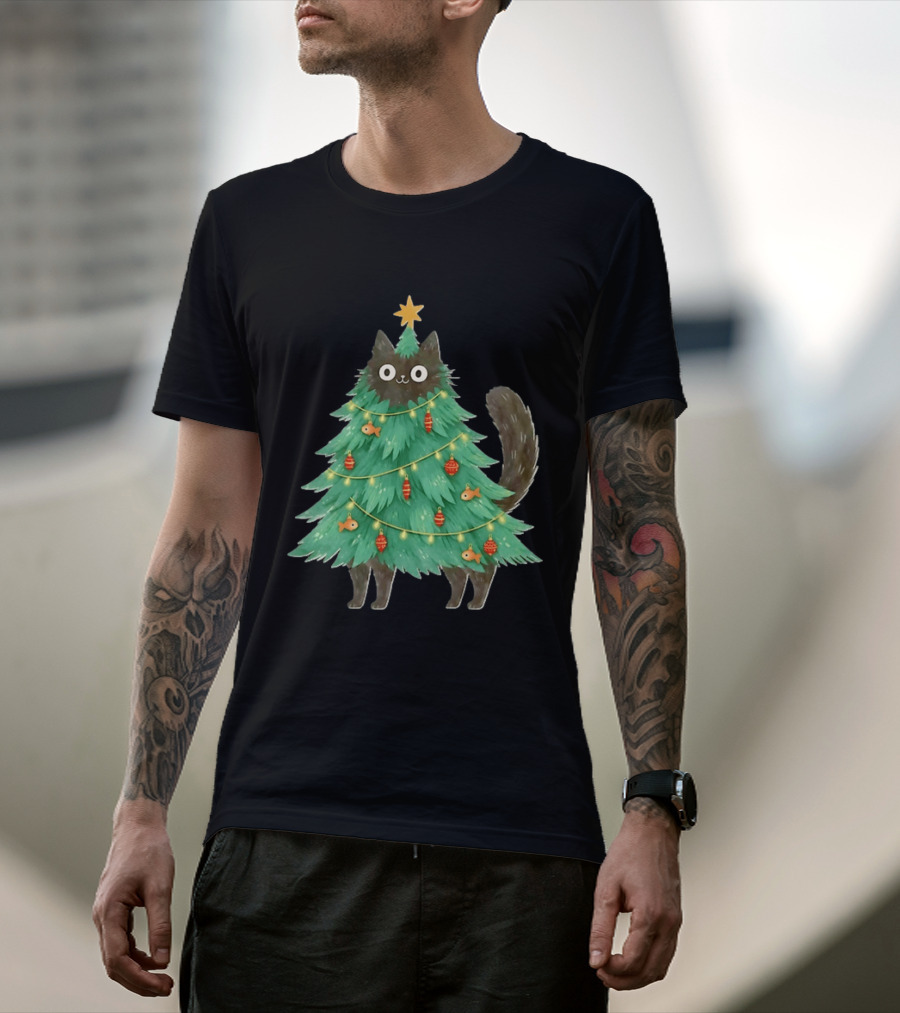 Black Cat Christmas Tree Holiday With Fish And Ornaments T-Shirt
