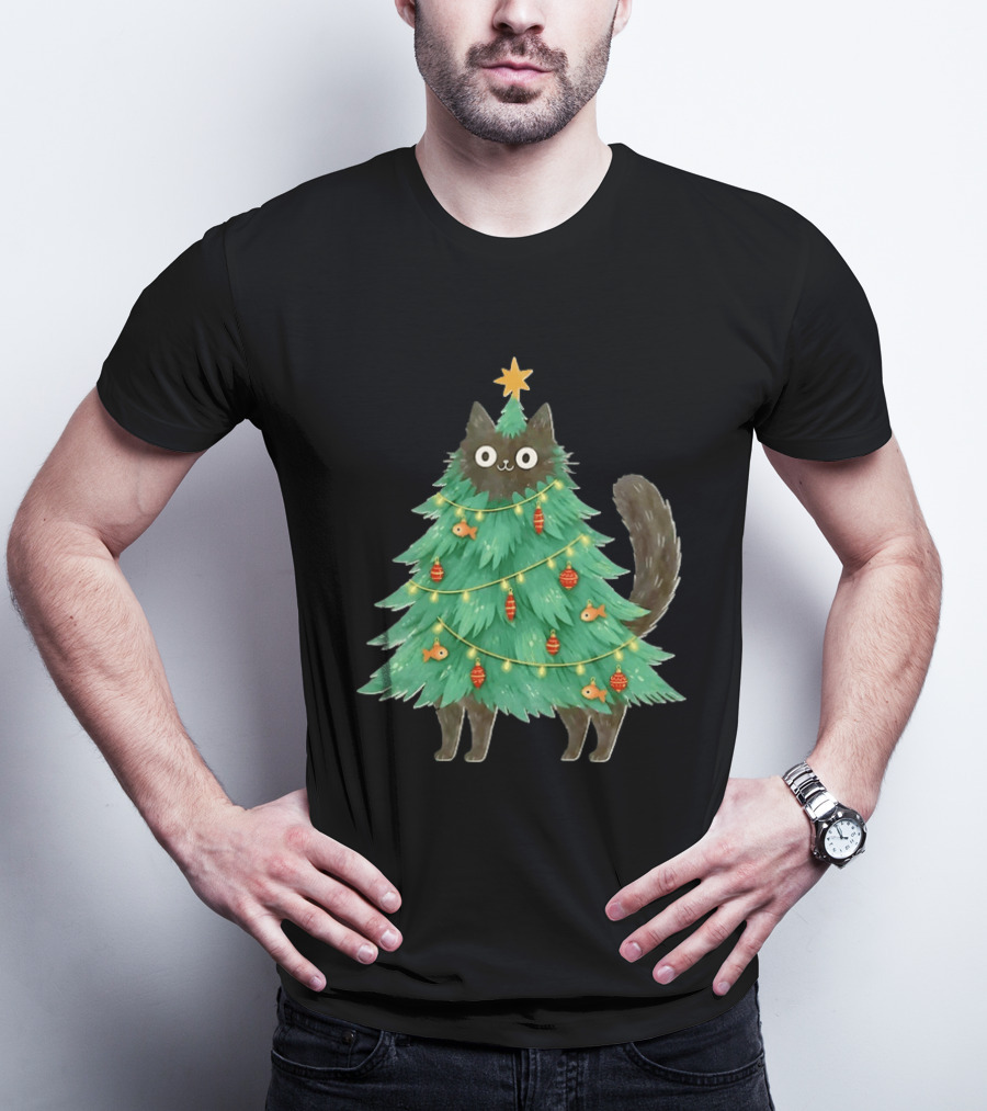 Black Cat Christmas Tree Holiday With Fish And Ornaments T-Shirt