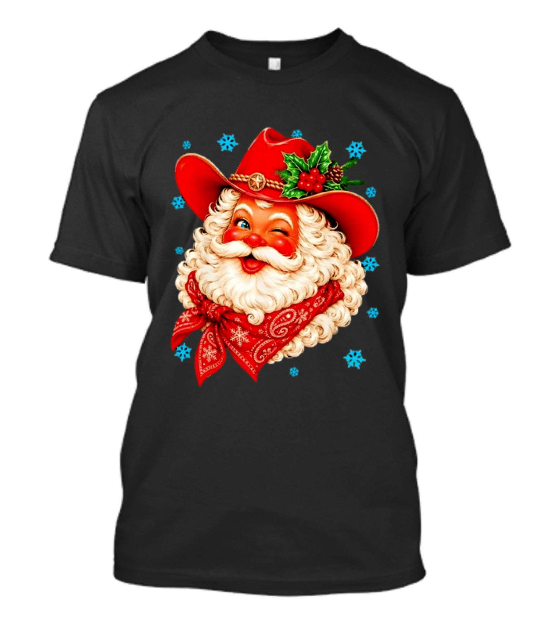 Cowboy Santa Claus With Red Hat And Bandana Christmas Holiday Winking T-Shirt