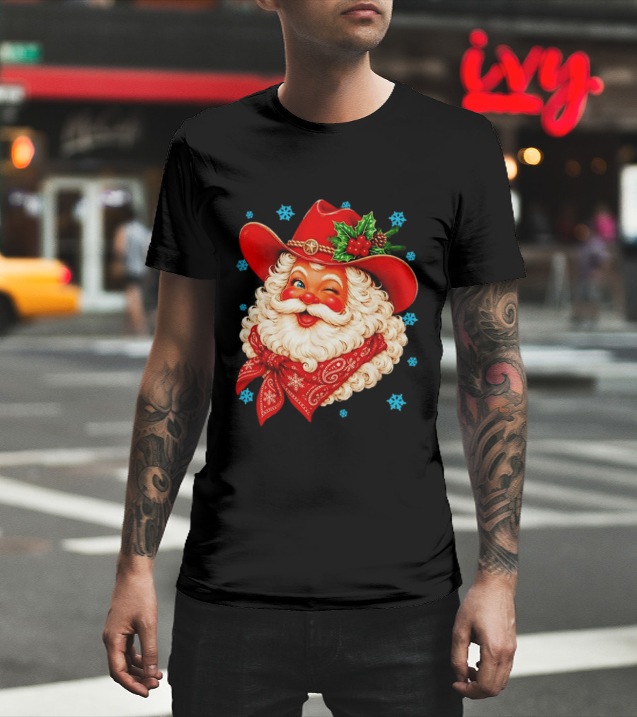 Cowboy Santa Claus With Red Hat And Bandana Christmas Holiday Winking T-Shirt