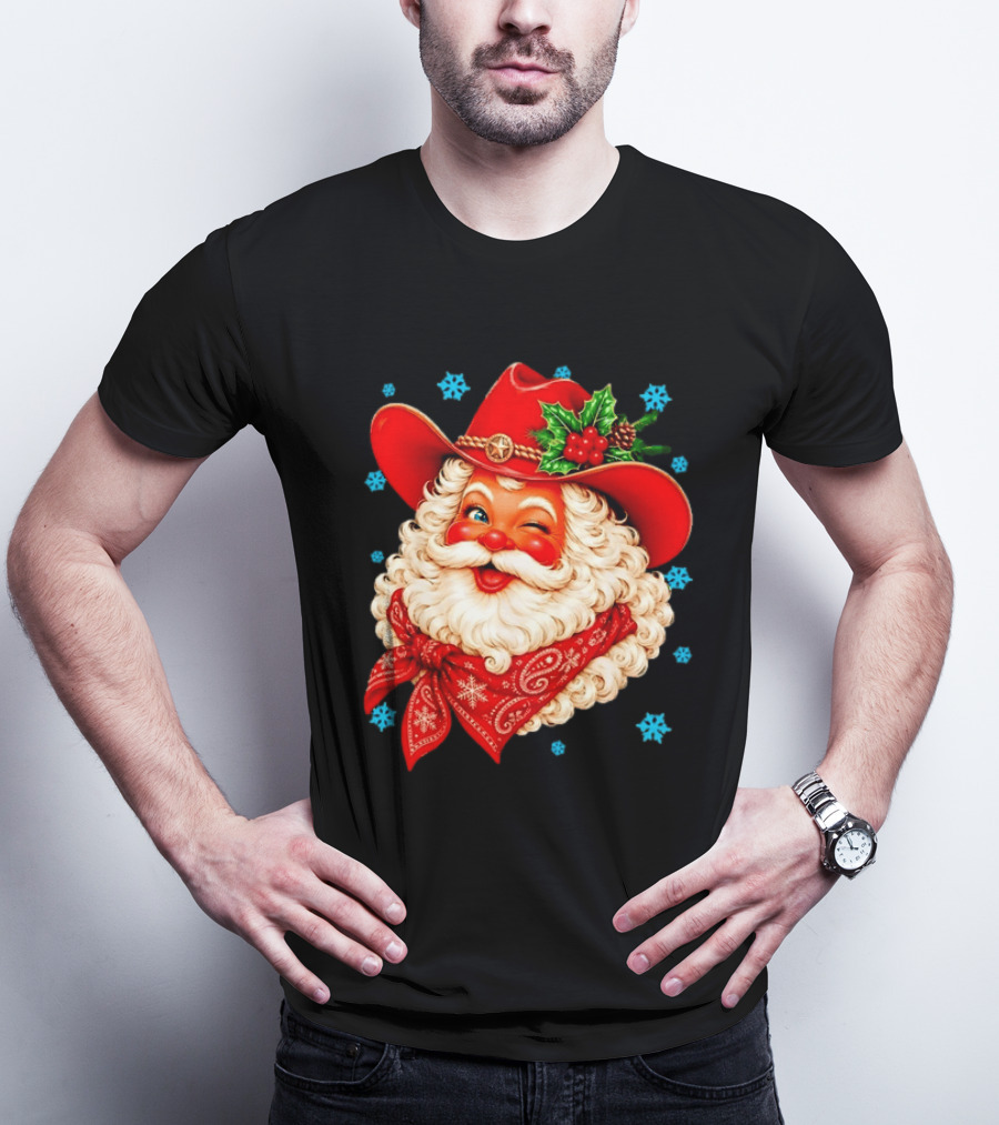 Cowboy Santa Claus With Red Hat And Bandana Christmas Holiday Winking T-Shirt