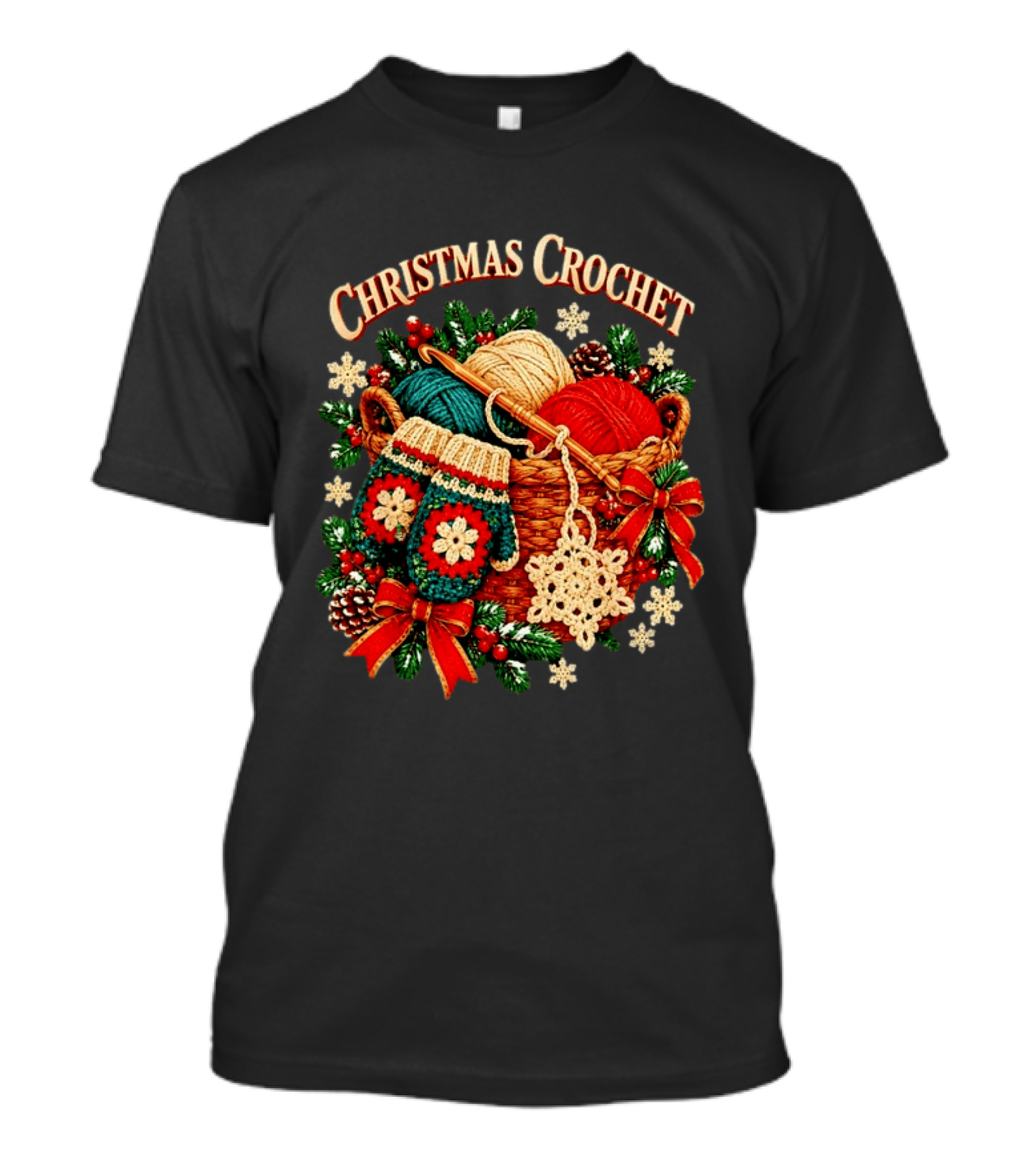 Christmas Crochet Yarn Basket Mittens Holiday Decor T-Shirt