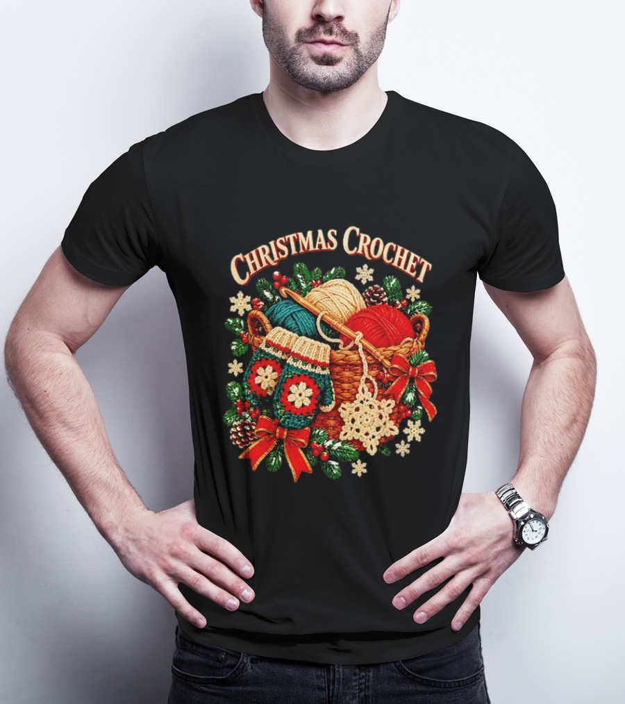 Christmas Crochet Yarn Basket Mittens Holiday Decor T-Shirt
