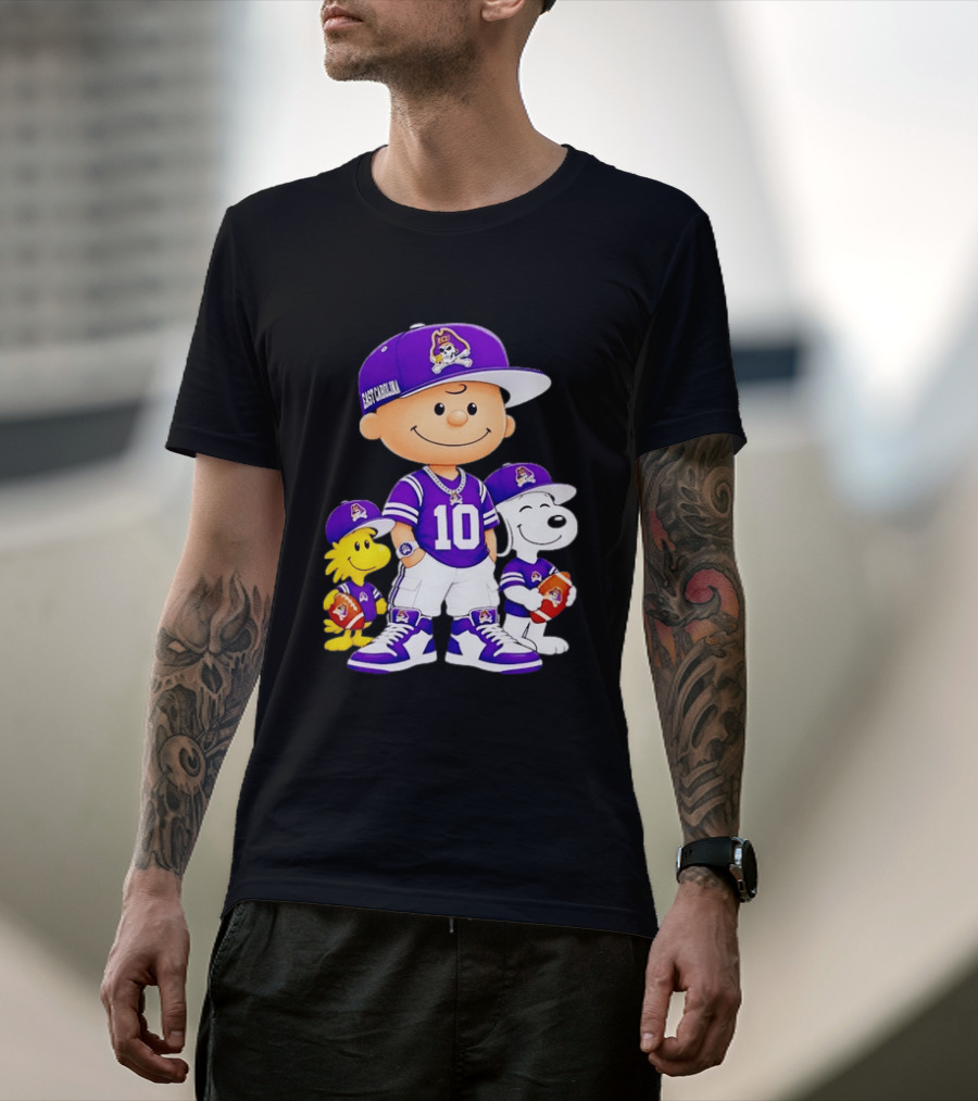 East Carolina Pirates Charlie Brown Woodstock Snoopy Number 10 Football Fans T-Shirt