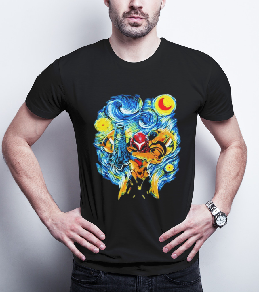 Samus Aran Starry Night Mashup Metroid Vincent Van Gogh T-Shirt