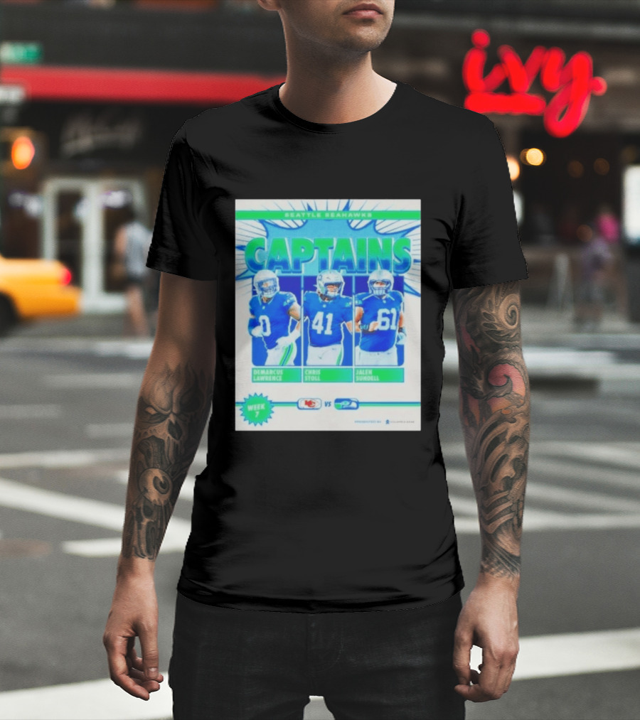Seattle Seahawks Captains Demarcus Lawrence Chris Stoll Jalen Sundell Week 7 Football Matchup Chiefs Vs Seahawks T-Shirt