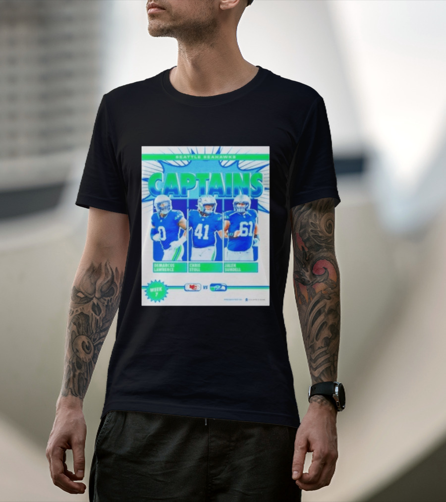 Seattle Seahawks Captains Demarcus Lawrence Chris Stoll Jalen Sundell Week 7 Football Matchup Chiefs Vs Seahawks T-Shirt