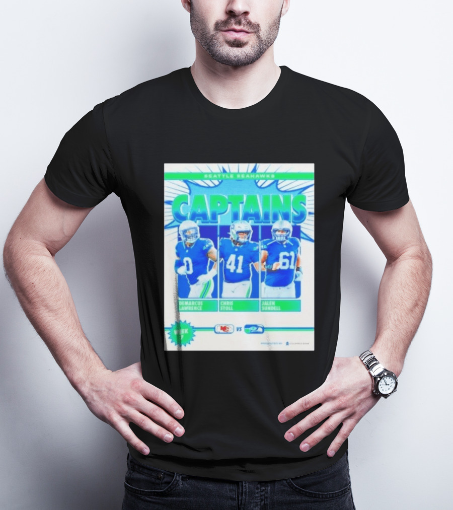 Seattle Seahawks Captains Demarcus Lawrence Chris Stoll Jalen Sundell Week 7 Football Matchup Chiefs Vs Seahawks T-Shirt