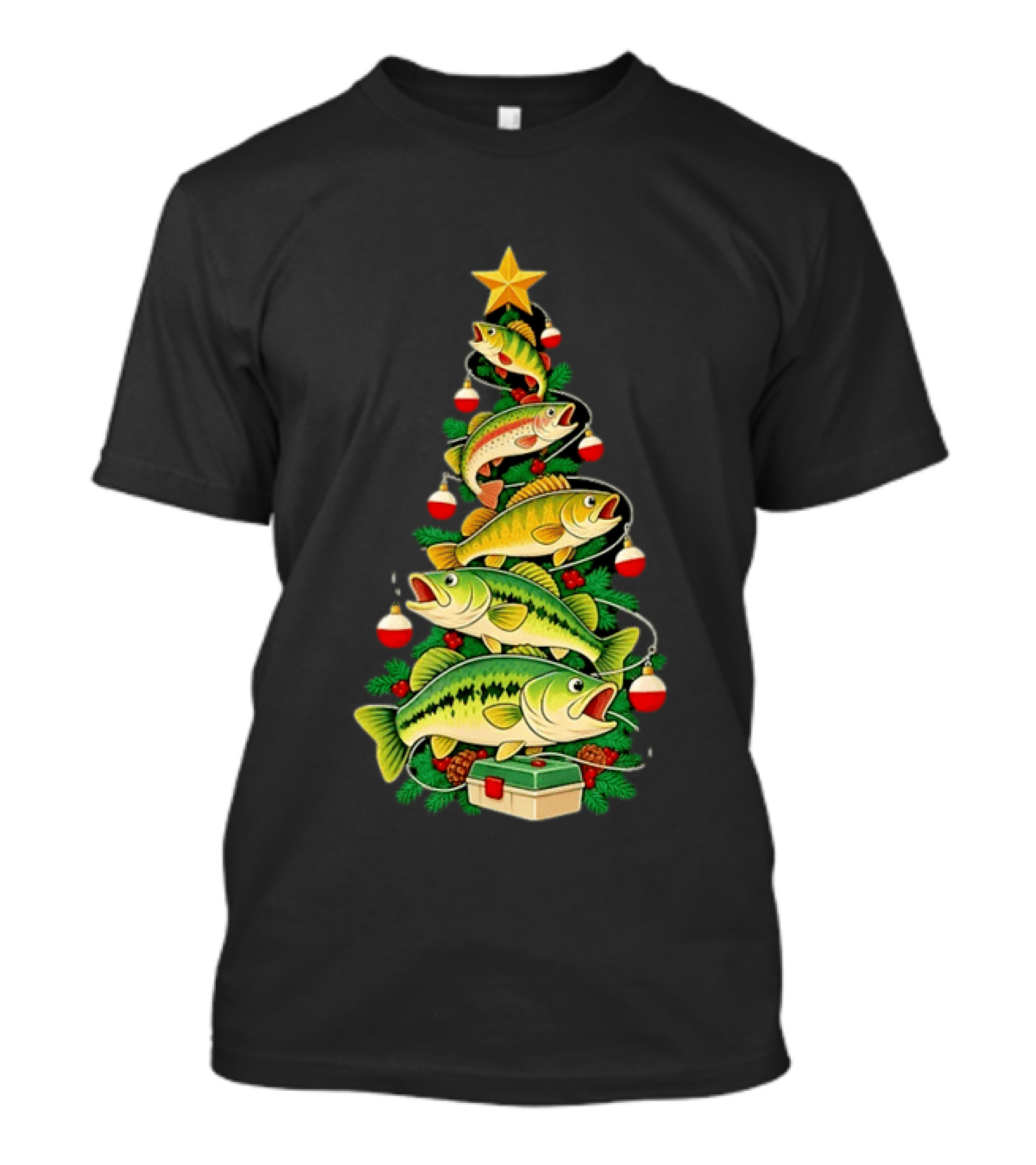 Fishing Christmas Tree Holiday Bass Ornaments And Star Topper T-Shirt
