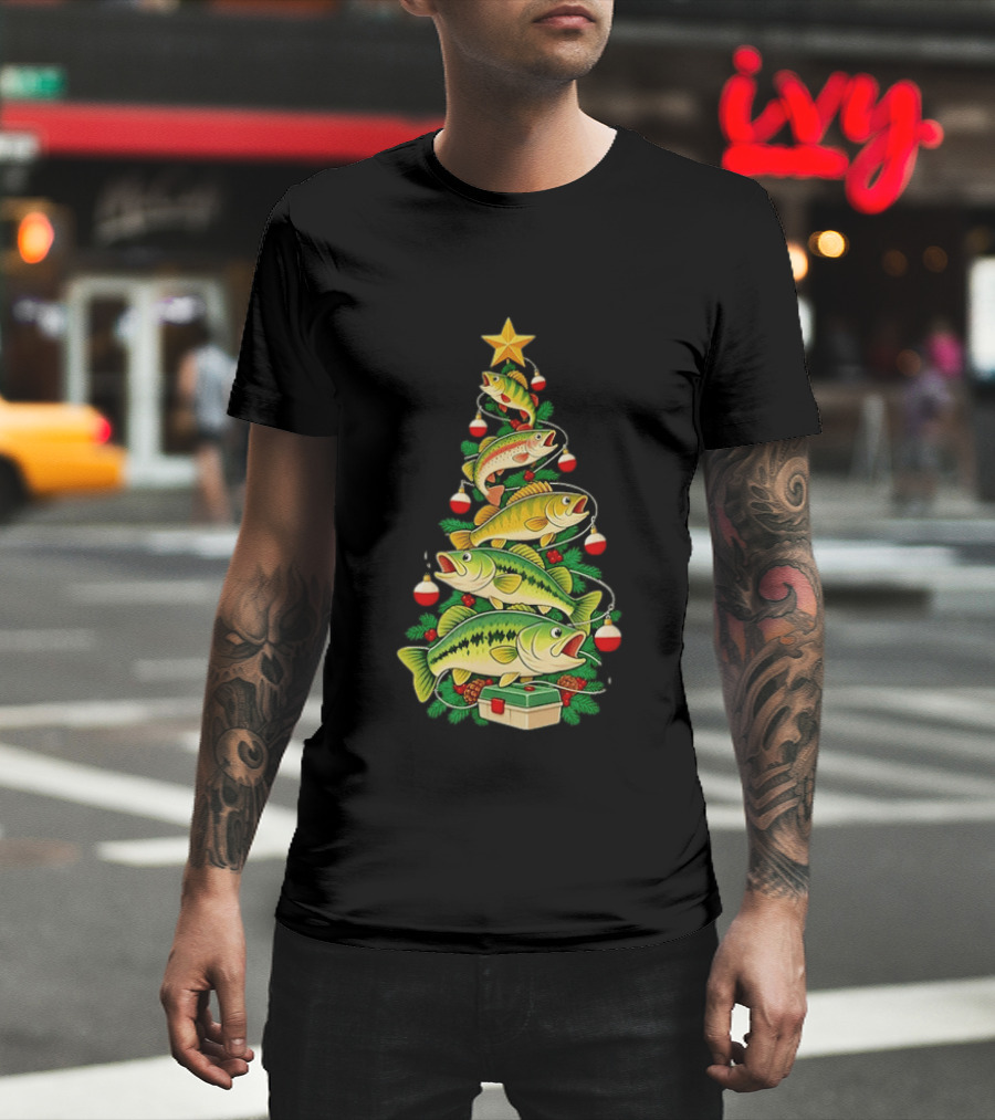 Fishing Christmas Tree Holiday Bass Ornaments And Star Topper T-Shirt