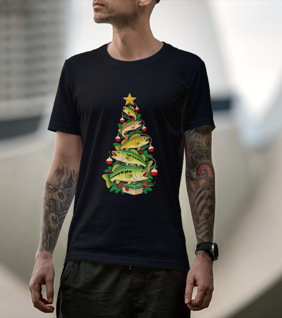 Fishing Christmas Tree Holiday Bass Ornaments And Star Topper T-Shirt