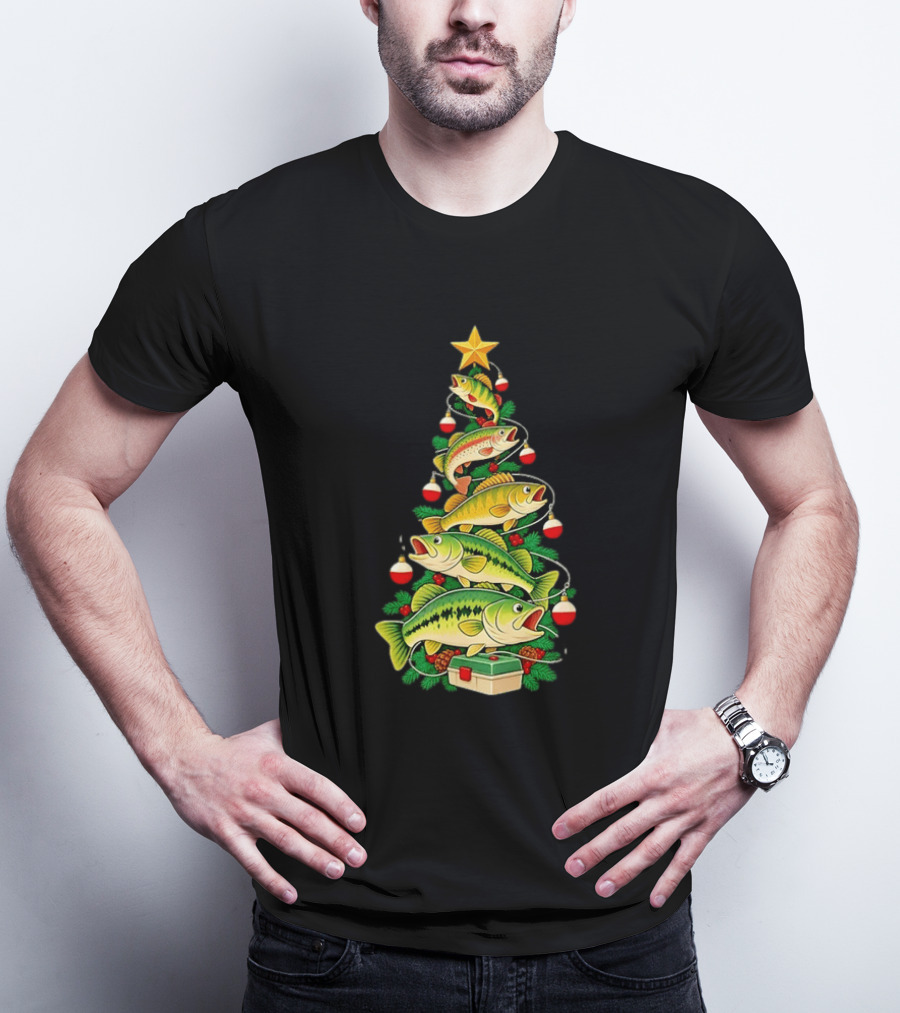 Fishing Christmas Tree Holiday Bass Ornaments And Star Topper T-Shirt