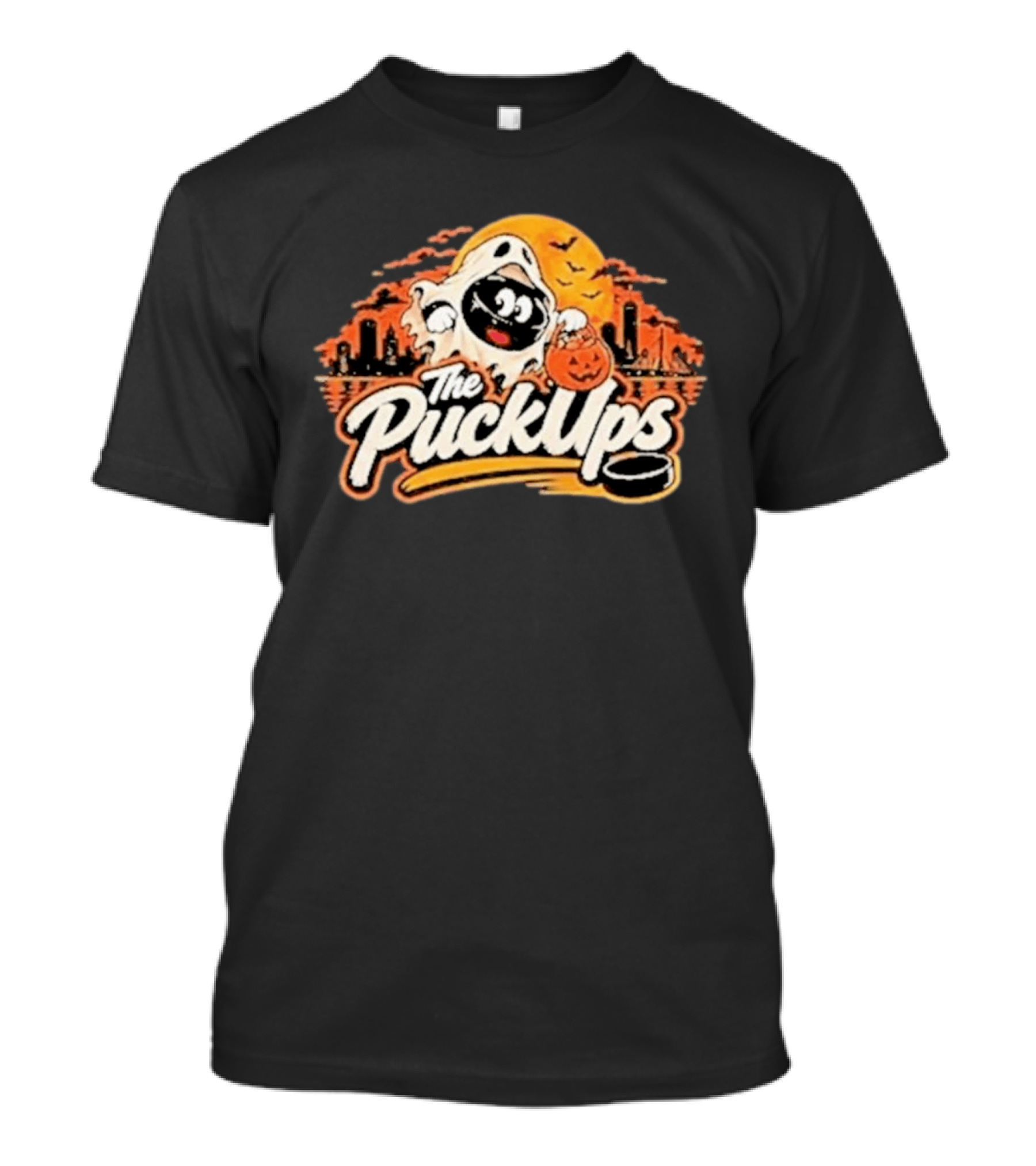 The Puckups Hockey Halloween Trick Or Treat Ghost Pumpkin Cityscape T-Shirt