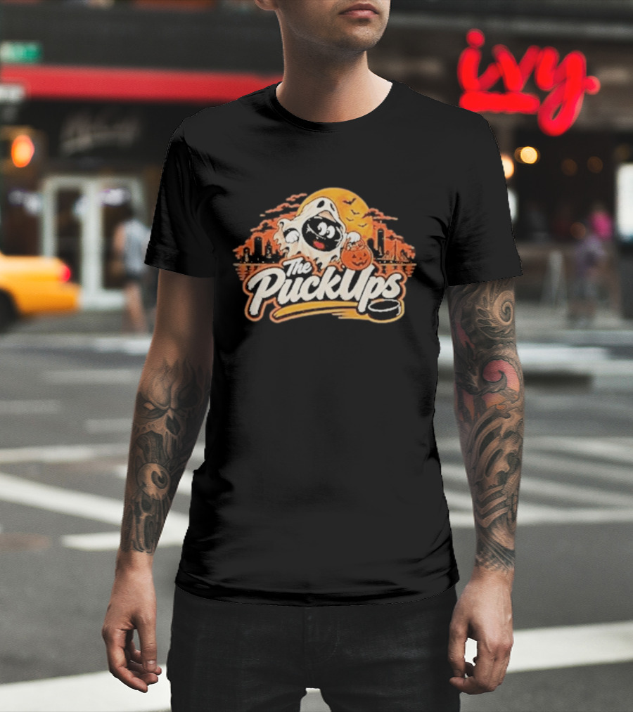 The Puckups Hockey Halloween Trick Or Treat Ghost Pumpkin Cityscape T-Shirt